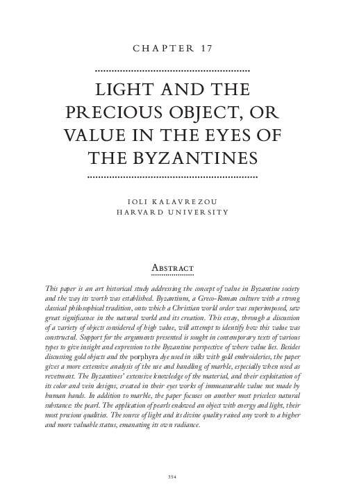Light and the Precious Object or Value in the Eyes of the Byzantines