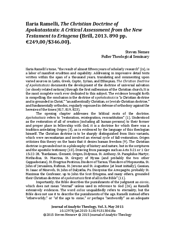 (PDF) Ilaria Ramelli, The Christian Doctrine of Apokatastasis (Review)
