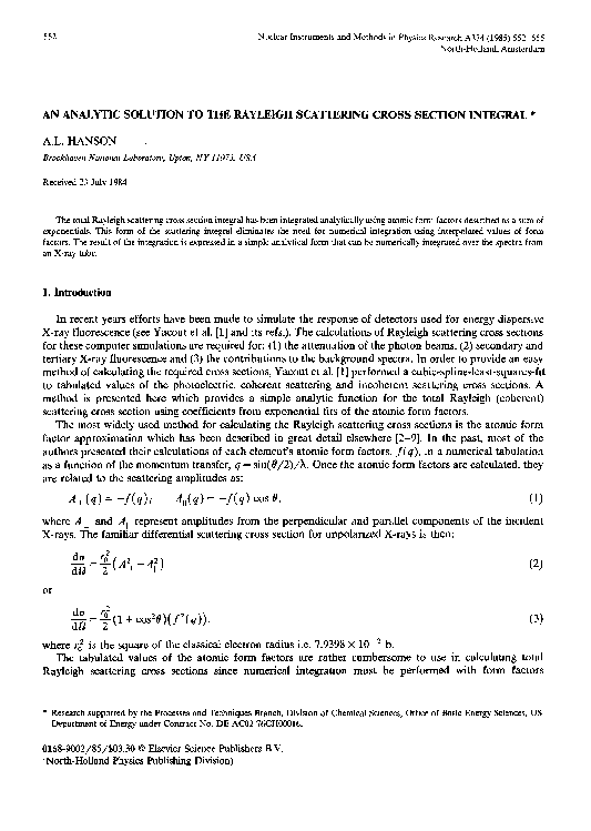 (PDF) AN ANALYTIC SOLUTION TO THE RAYLEIGH SCATI'ERING CROSS SECTION ...