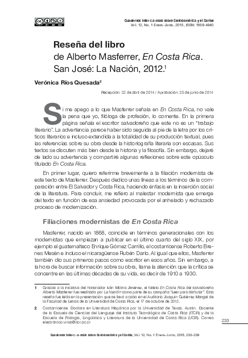 (PDF) Reseña del libro En Costa Rica, de Alberto Masferrer