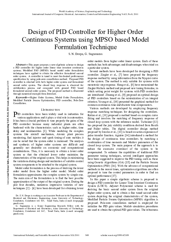 Pdf Design Of Pid Controller For Higher Order Continuous Systems Using Mpso Based Model