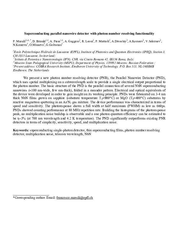 Pdf Superconducting Parallel Nanowire Detector With Photon Number Resolving Functionality