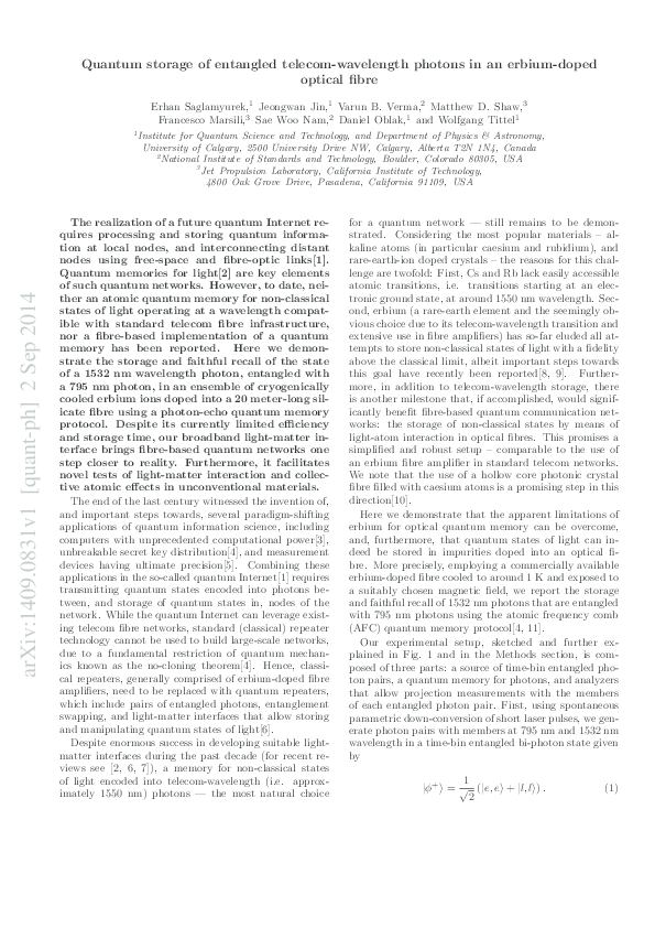 (PDF) Quantum storage of entangled telecom-wavelength photons in an erbium-doped optical fibre