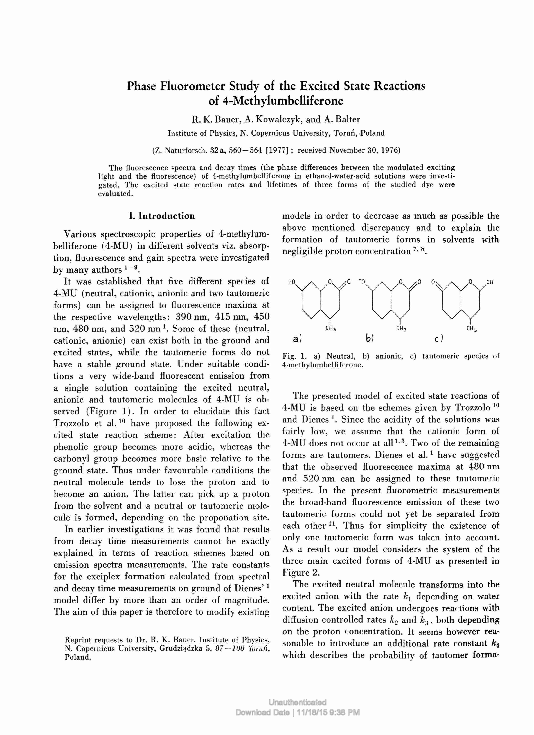 (PDF) Phase Fluorometer Study of the Excited State Reactions of 4 ...