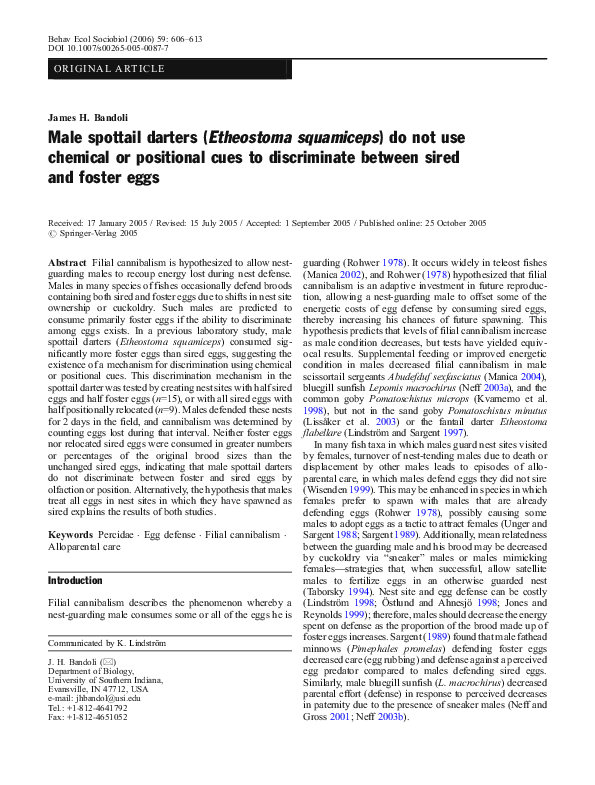 (PDF) Male spottail darters (Etheostoma squamiceps) do not use chemical ...