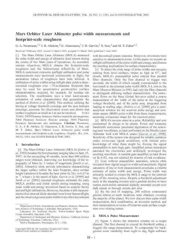 (PDF) Mars Orbiter Laser Altimeter pulse width measurements and ...