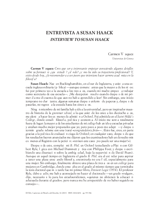 (PDF) Entrevista a Susan Haack (2013)
