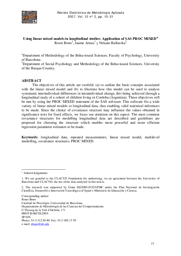 (PDF) Using linear mixed models in longitudinal studies: Application of SAS PROC MIXED