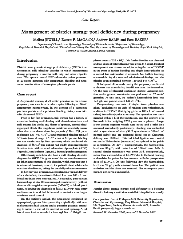 (PDF) Management of platelet storage pool deficiency during pregnancy