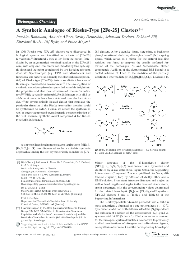 (PDF) A Synthetic Analogue of Rieske-Type [2Fe-2S] Clusters