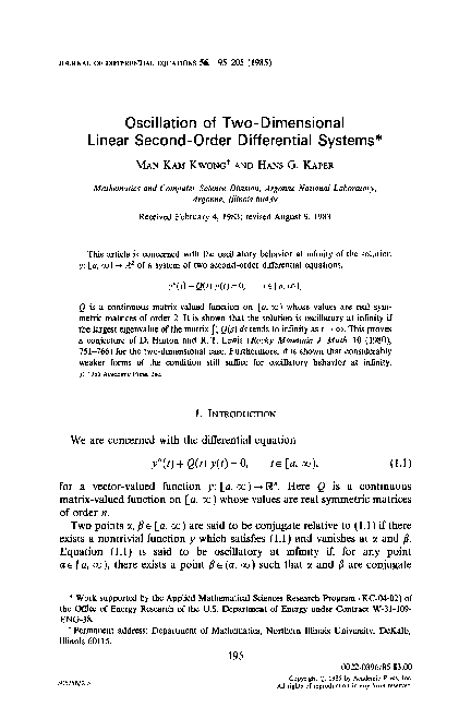 Pdf Oscillation Of Two Dimensional Linear Second Order Differential