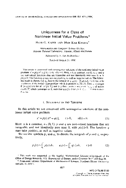 (PDF) Uniqueness for a class of nonlinear initial value problems | Hans Kaper - Academia.edu