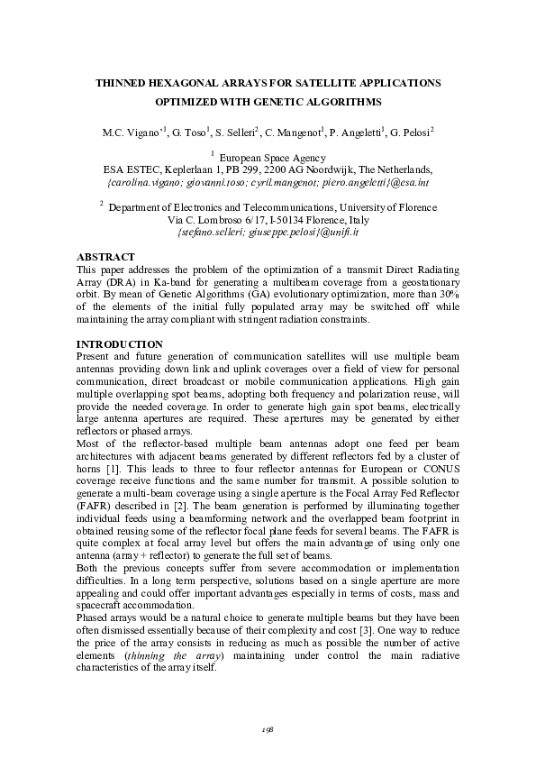 Pdf Thinned Hexagonal Arrays For Satellite Applications Optimized With Genetic Algorithms