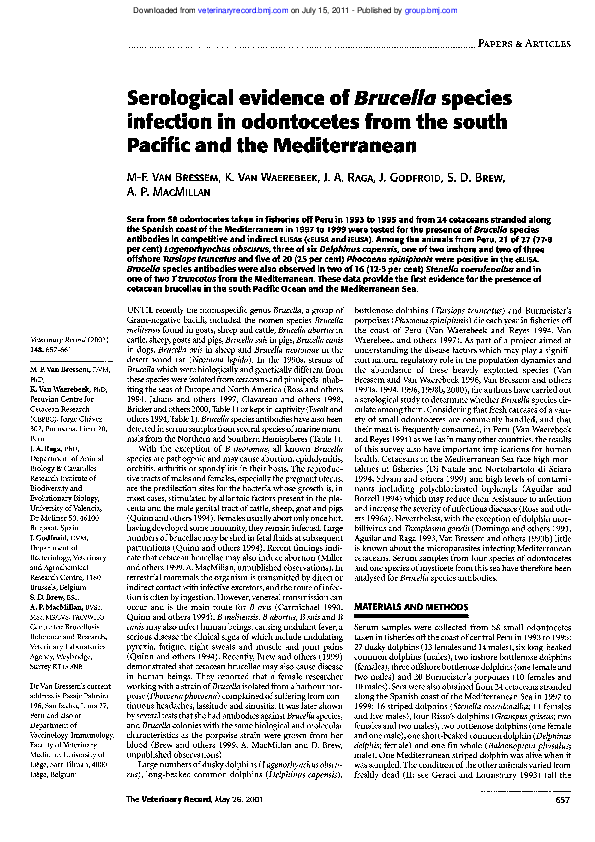 (PDF) Serological evidence of Brucella species infection in odontocetes ...