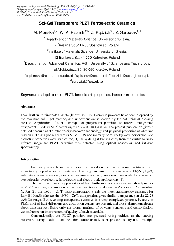 (PDF) Sol-Gel Transparent PLZT Ferroelectric Ceramics | Zbigniew ...