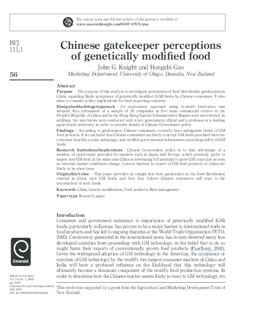 (PDF) Chinese gatekeeper perceptions of genetically modified food