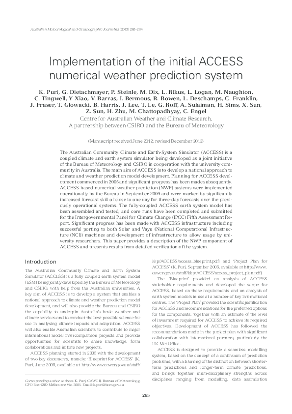 (PDF) Implementation of the initial ACCESS Numerical Weather Prediction system