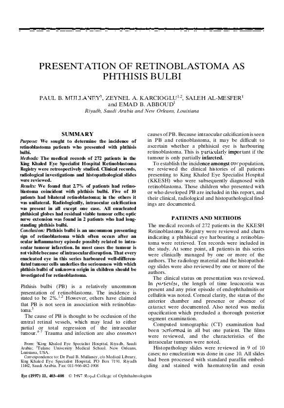 (PDF) Presentation of retinoblastoma as phthisis bulbi | Emad Abboud ...