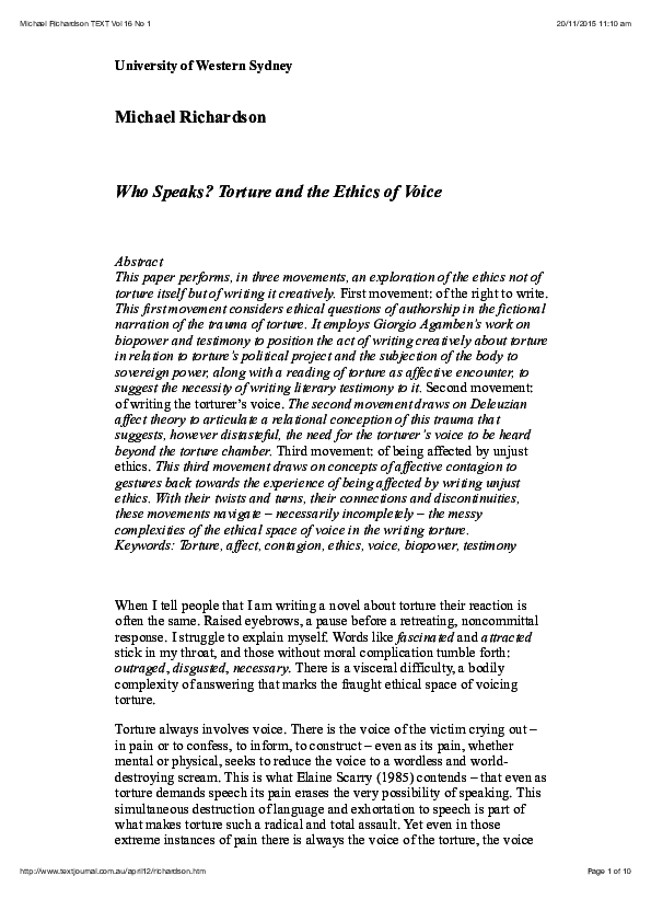 (PDF) Who Speaks? Torture and the Ethics of Voice