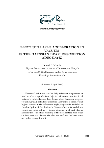 (PDF) ELECTRON LASER ACCELERATION IN VACUUM: IS THE GAUSSIAN BEAM ...
