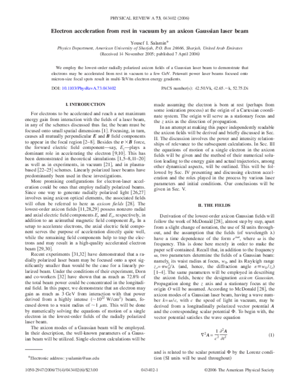 (PDF) Electron acceleration from rest in vacuum by an axicon Gaussian ...