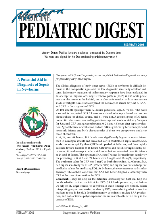 (PDF) Serum amyloid A: an early and accurate marker of neonatal early-onset sepsis