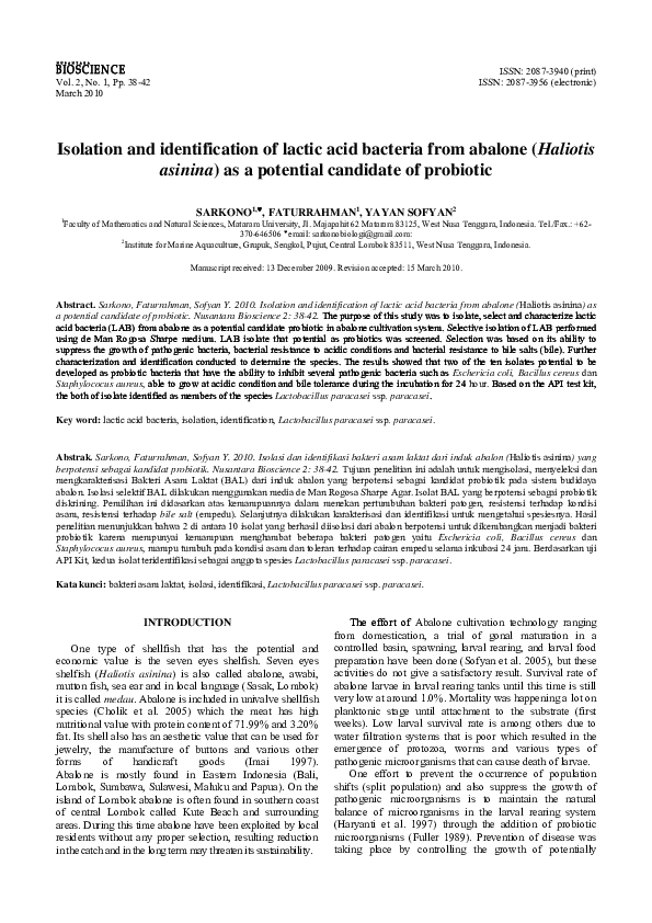 (PDF) Isolation and identification of lactic acid bacteria from abalone (Haliotis asinina) as a ...