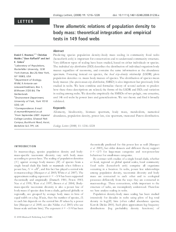 (PDF) Three allometric relations of population density to body mass ...