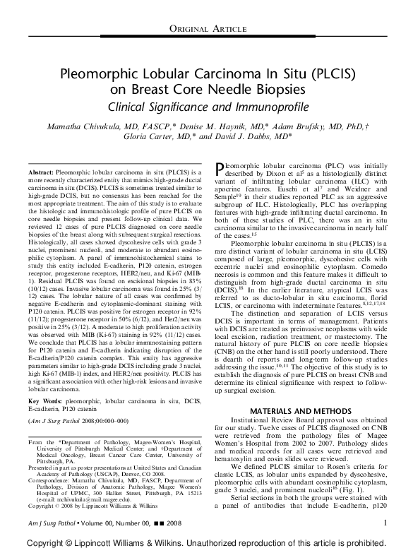 (PDF) Pleomorphic Lobular Carcinoma In Situ (PLCIS) on Breast Core ...