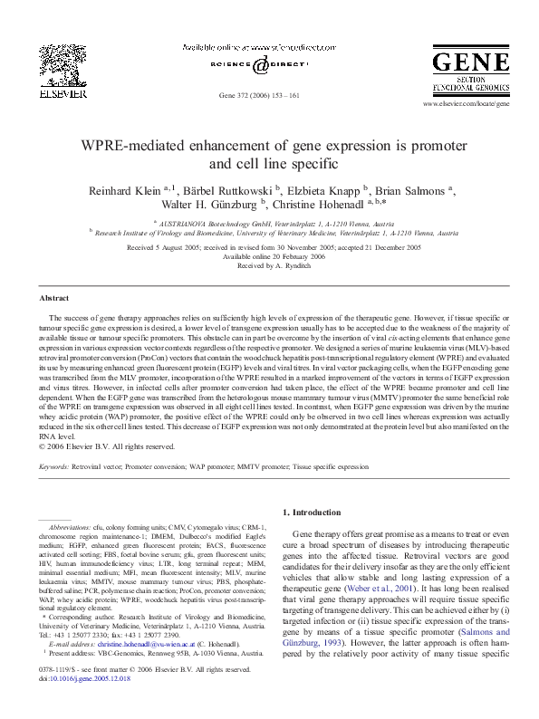 (PDF) WPRE-mediated enhancement of gene expression is promoter and cell ...