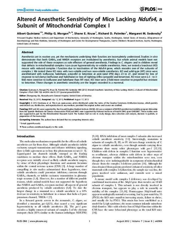 (PDF) Altered Anesthetic Sensitivity of Mice Lacking Ndufs4, a Subunit ...