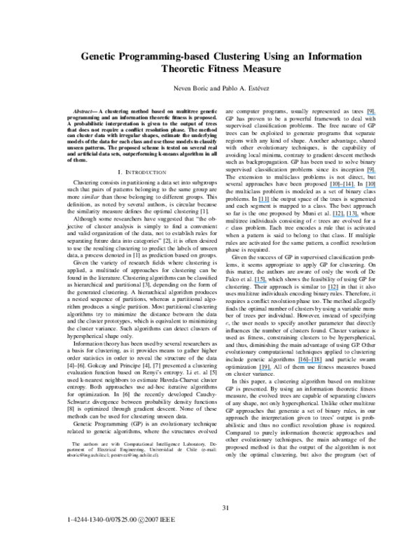 Pdf Genetic Programming Based Clustering Using An Information