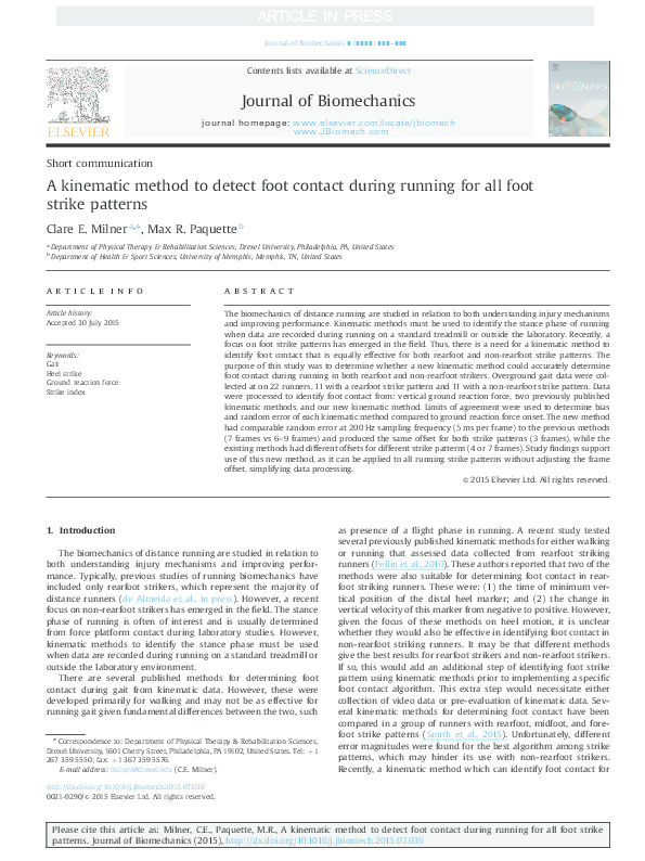 (PDF) A kinematic method to detect foot contact during running for all ...