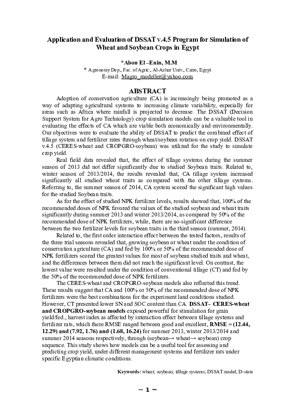 Doc Application And Evaluation Of Dssat V45 Program For Simulation