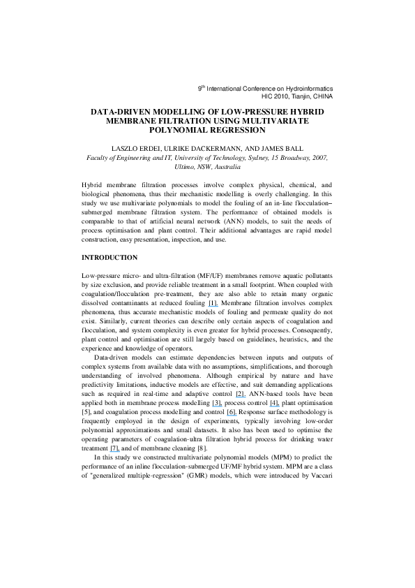 (PDF) Data-Driven Modelling Of Low-Pressure Hybrid Membrane Filtration Using Multivariate ...