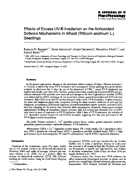 (PDF) Effects of excess UV-B irradiation on the antioxidant defence ...