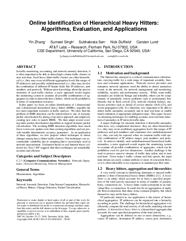 (PDF) Online identification of hierarchical heavy hitters
