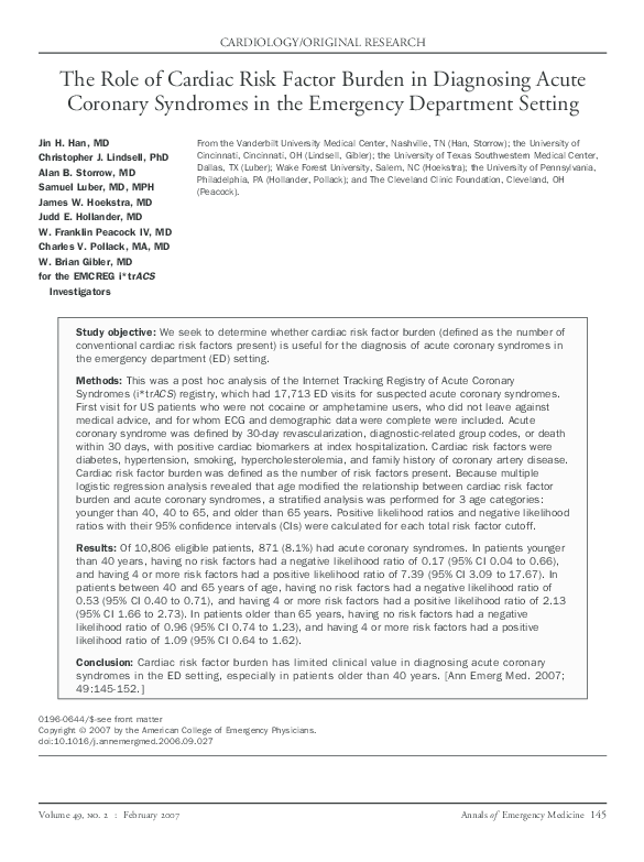 (PDF) The Role of Cardiac Risk Factor Burden in Diagnosing Acute Coronary Syndromes in the ...