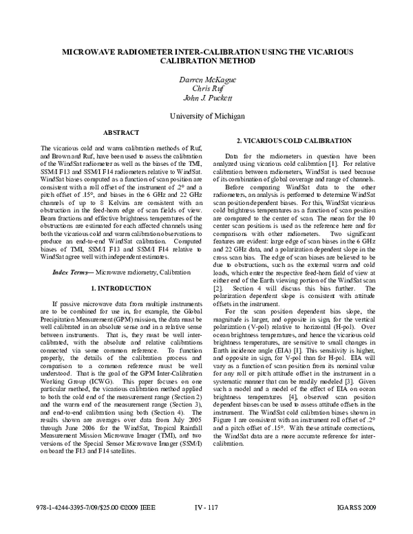 (PDF) Microwave radiometer inter-calibration using the vicarious calibration method