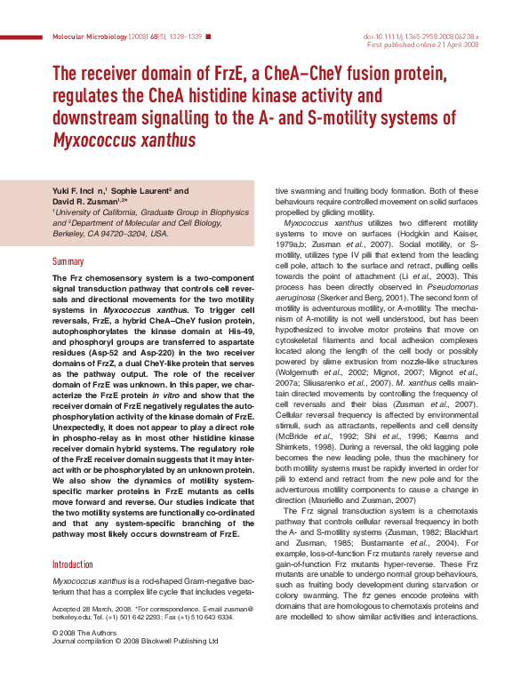 (PDF) The receiver domain of FrzE, a CheA-CheY fusion protein ...