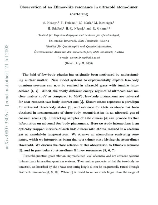 (PDF) Observation of an Efimov-like trimer resonance in ultracold atom ...