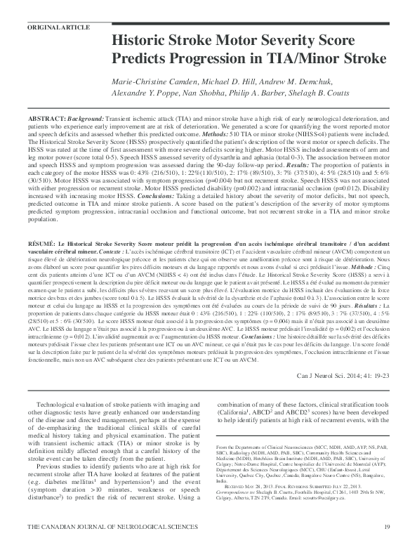 (PDF) Historic Stroke Motor Severity Score Predicts Progression in TIA ...