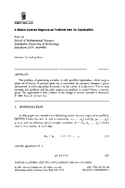 Pdf A Matrix Inverse Eigenvalue Problem And Its Application