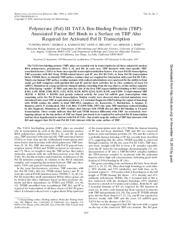 (PDF) Polymerase (Pol) III TATA box-binding protein (TBP)-associated ...
