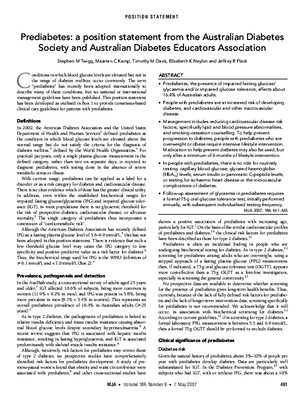 (PDF) Prediabetes: a position statement from the Australian Diabetes ...