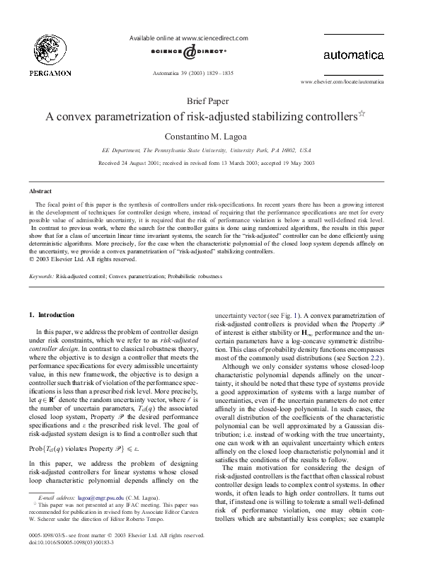 (PDF) A convex parametrization of risk-adjusted stabilizing controllers