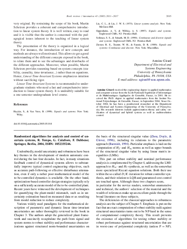 (PDF) Randomized algorithms for analysis and control of uncertain systems, R. Tempo, G ...
