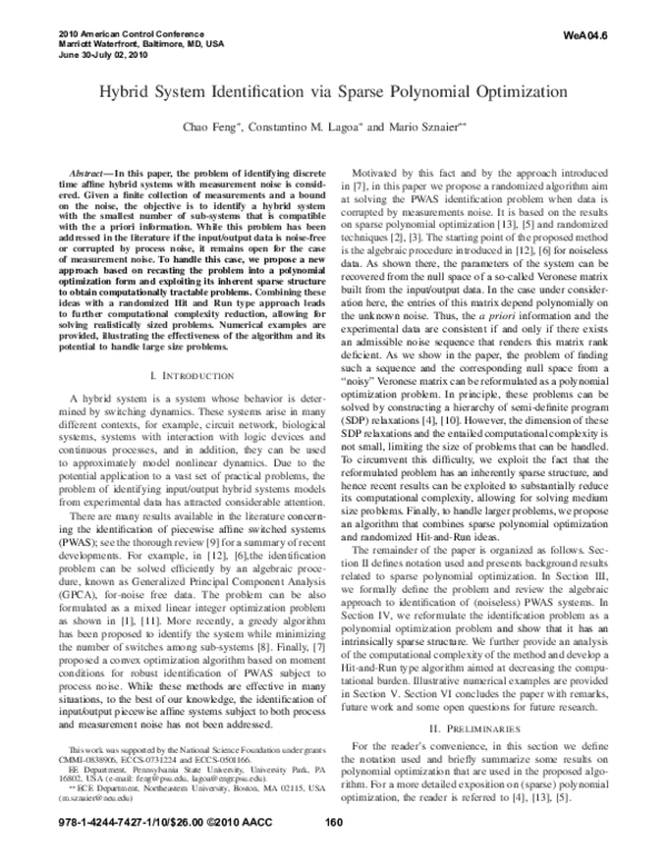 Pdf Hybrid System Identification Via Sparse Polynomial Optimization