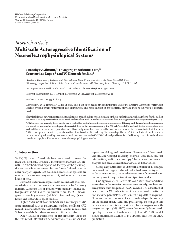 (PDF) Multiscale Autoregressive Identification of Neuroelectrophysiological Systems