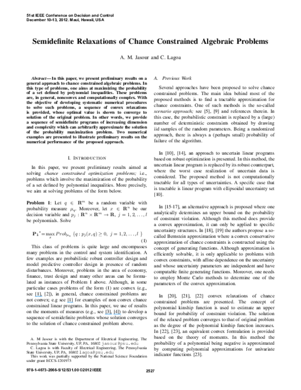 (PDF) Semidefinite relaxations of chance constrained algebraic problems